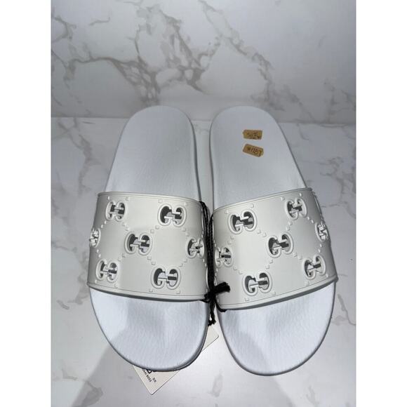 Gucci | Shoes | Gucci Pool White With Embossed Gg Logo Slides 4 | Poshmark
